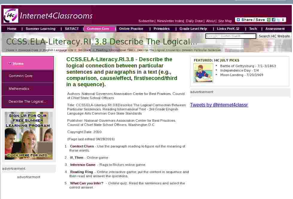 CCSS ELA Literacy RI 3 8 Describe The Logical Connection Between