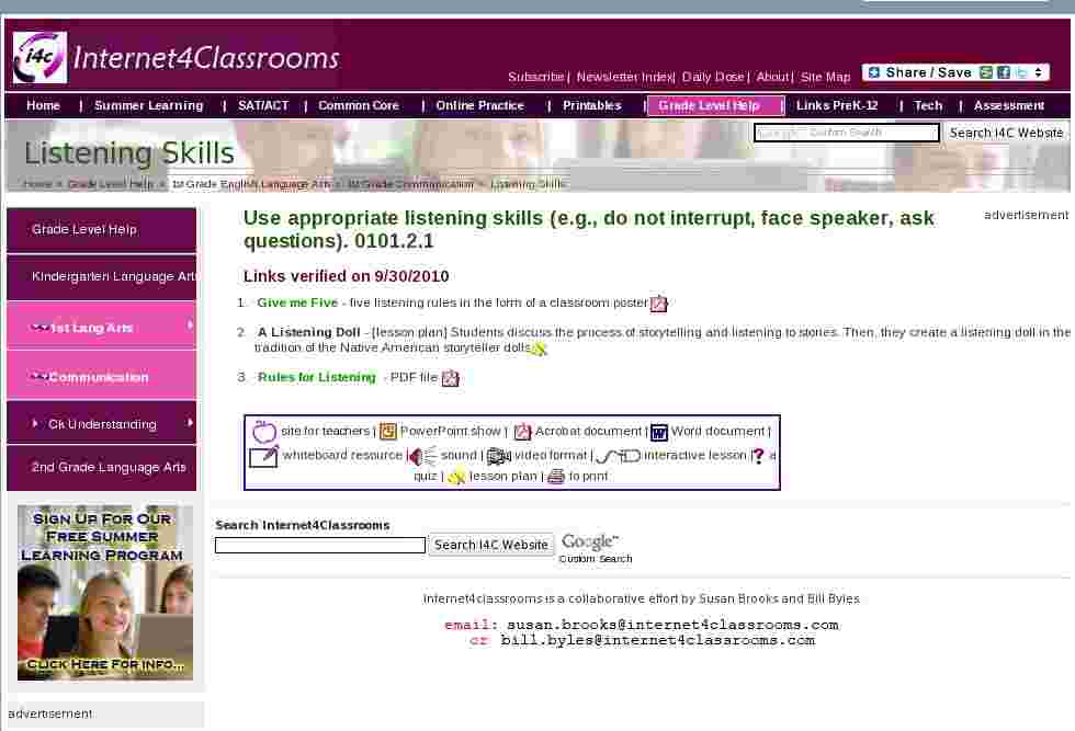 Listening Skills First 1st Grade English Language Arts Standards at I4C