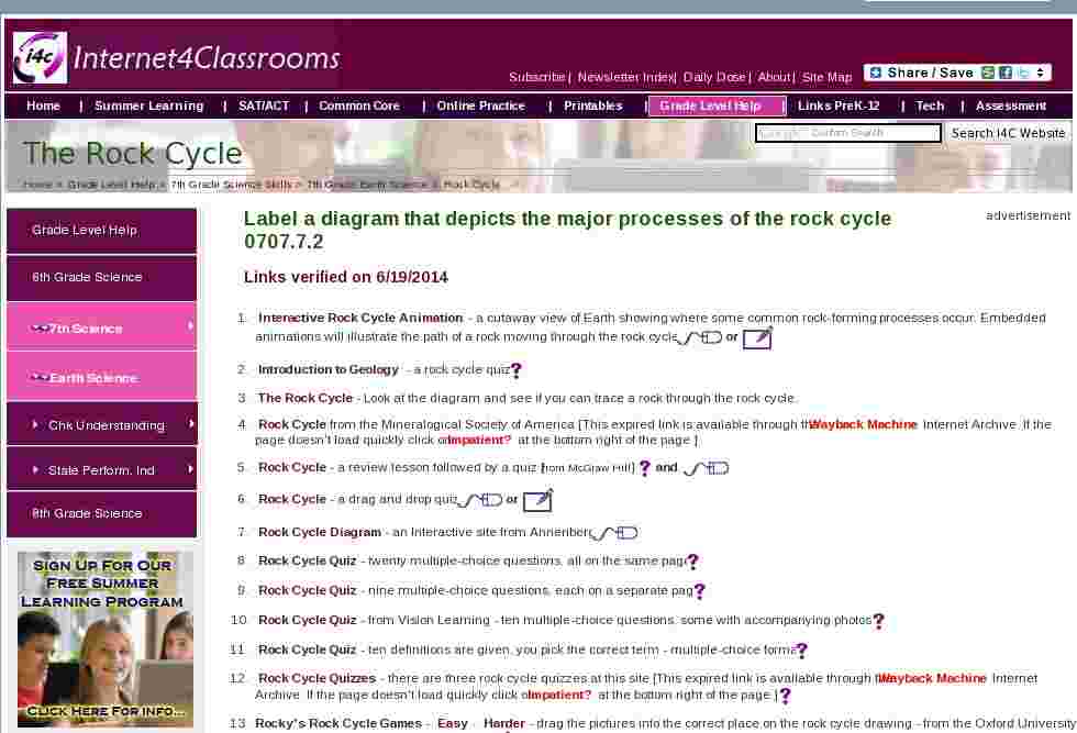 The Rock Cycle Seventh 7th Grade Science Standards at I4C