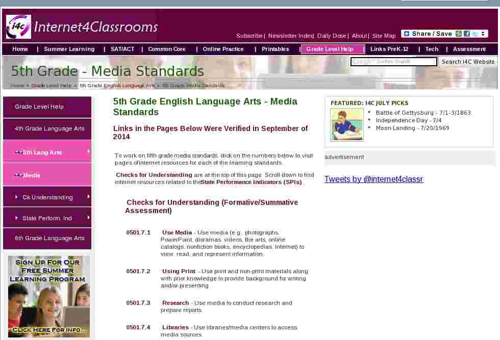 Media Standards Fifth 5th Grade English Language Arts Standards I4C