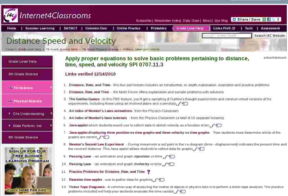 Distance Speed and Velocity Seventh 7th Grade Science Standards at I4C