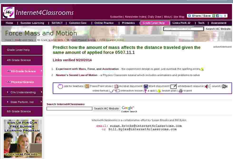 Force Mass and Motion Fifth 5th Grade Physical Science Standards I4C