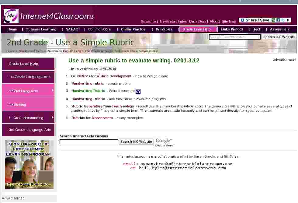 Use A Rubric Writing Second 2nd Grade Language Arts Standards At I4C