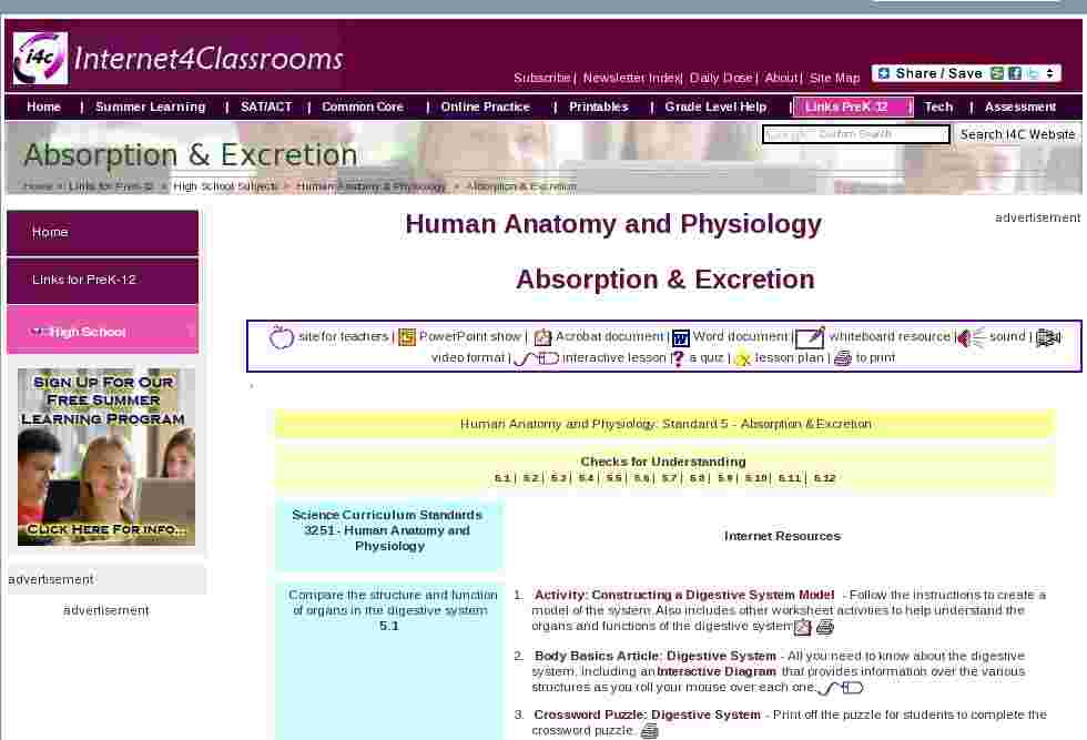 Absorption & Excretion Sites for Human Anatomy & Physiology class