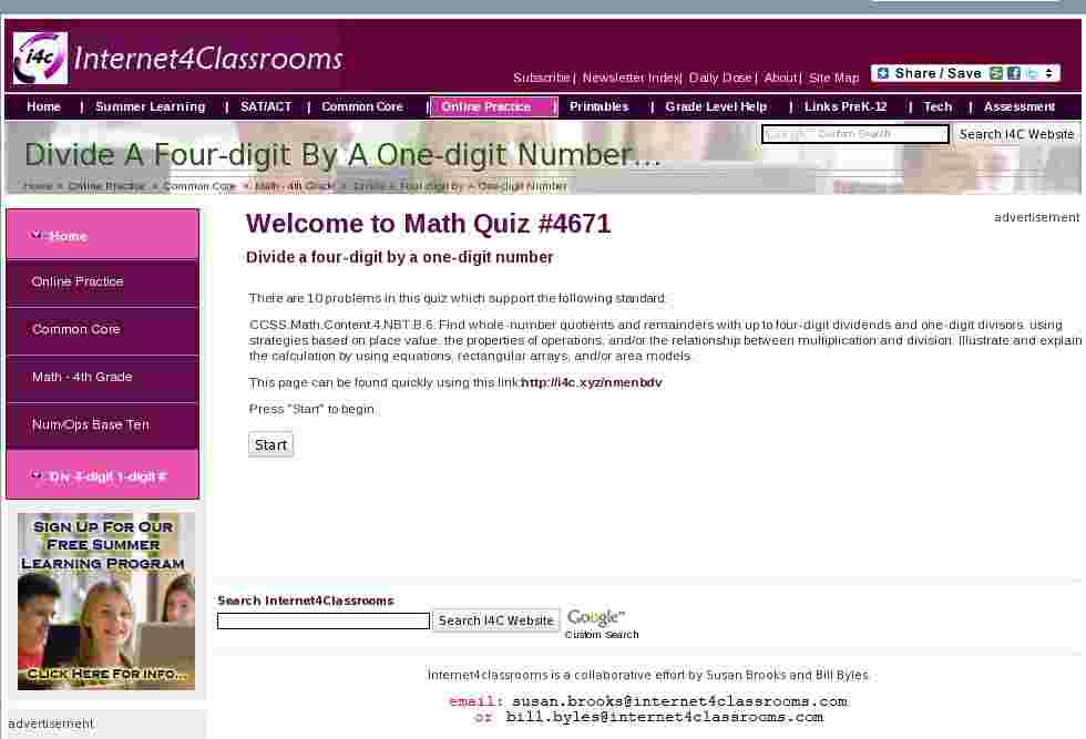 Online Practice Quiz Divide A Four digit By A One digit Number