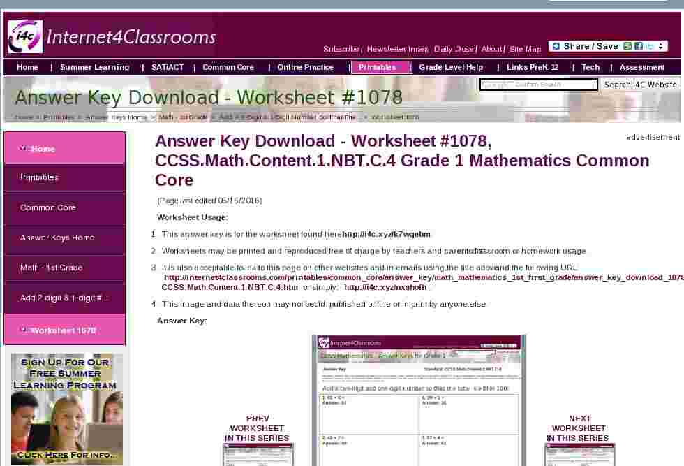 Answer Key Download - Worksheet #1078. CCSS.Math.Content.1.NBT.C.4