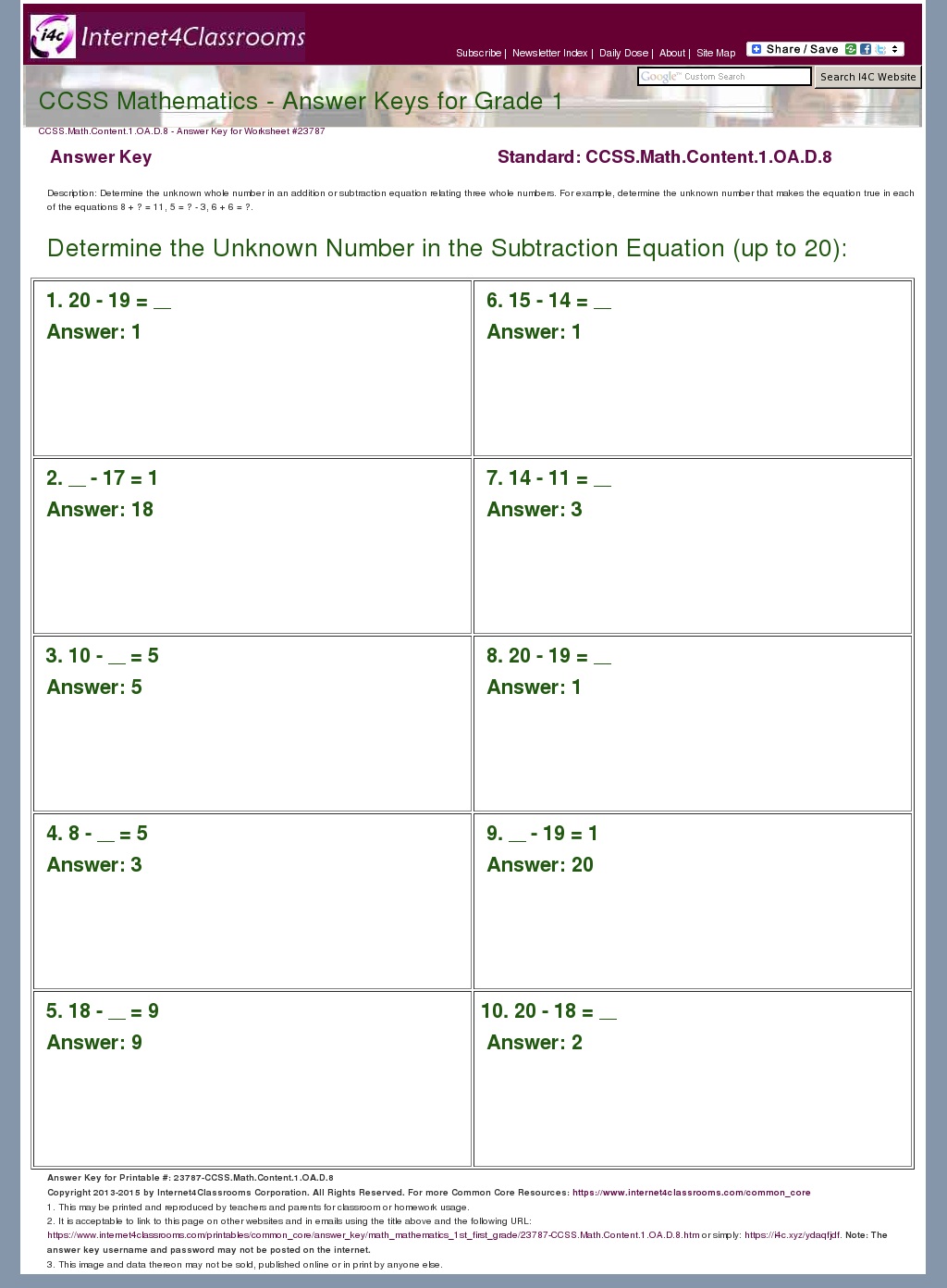 Answer Key Download - Worksheet #23787. CCSS.Math.Content.1.OA.D.8