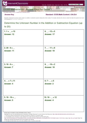 Answer Key Download - Worksheet #24507. CCSS.Math.Content.1.OA.D.8
