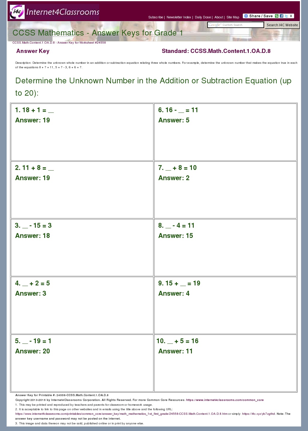 Answer Key Download - Worksheet #24558. CCSS.Math.Content.1.OA.D.8