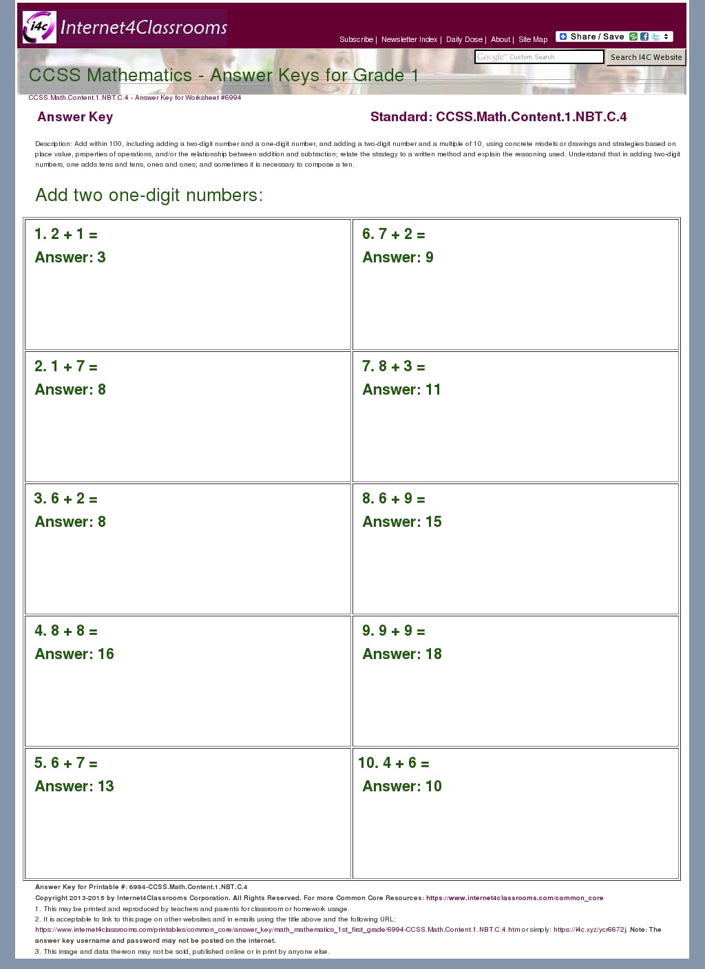 Answer Key Download - Worksheet #6994. CCSS.Math.Content.1.NBT.C.4