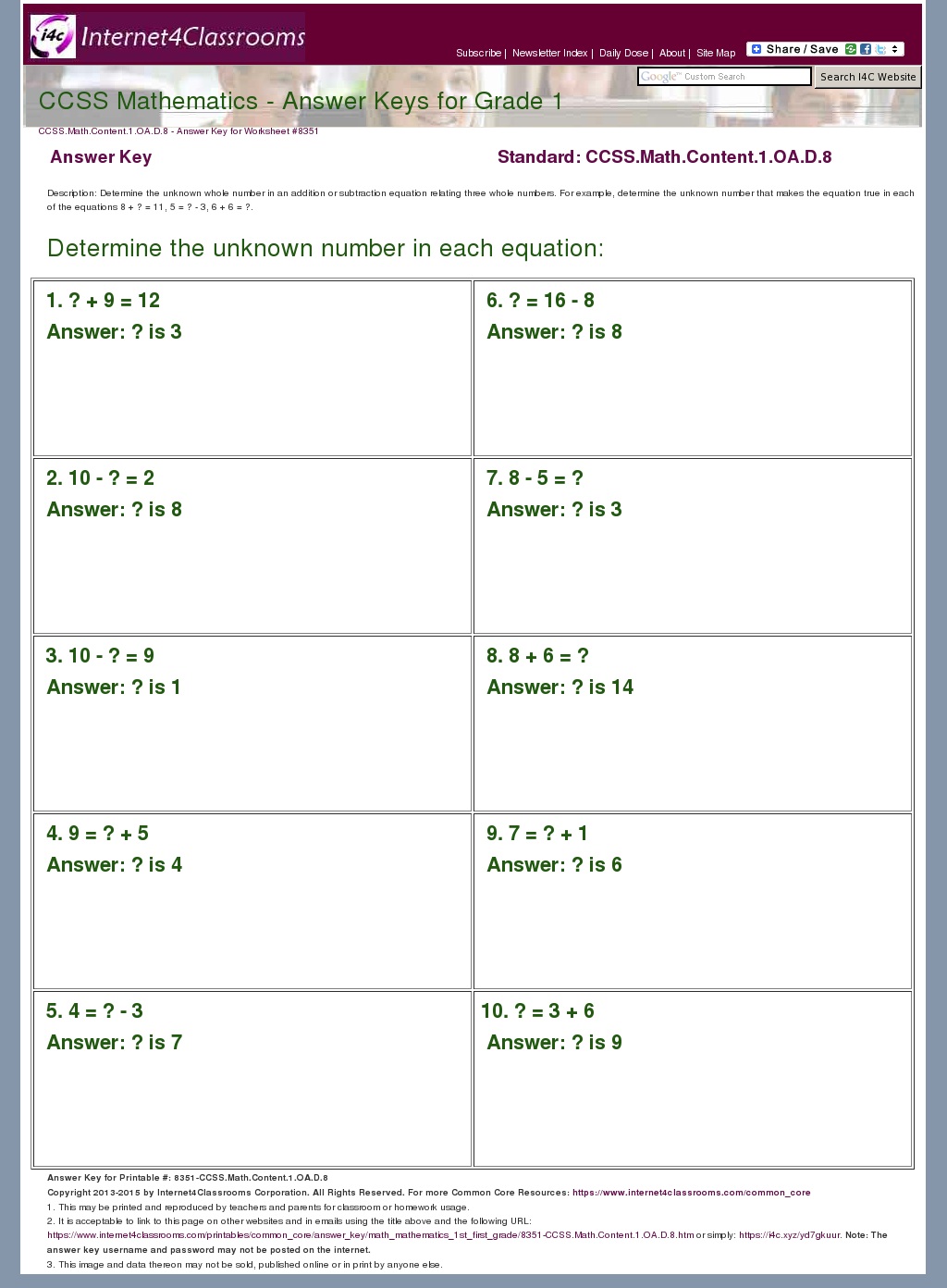 Answer Key Download - Worksheet #8351. CCSS.Math.Content.1.OA.D.8