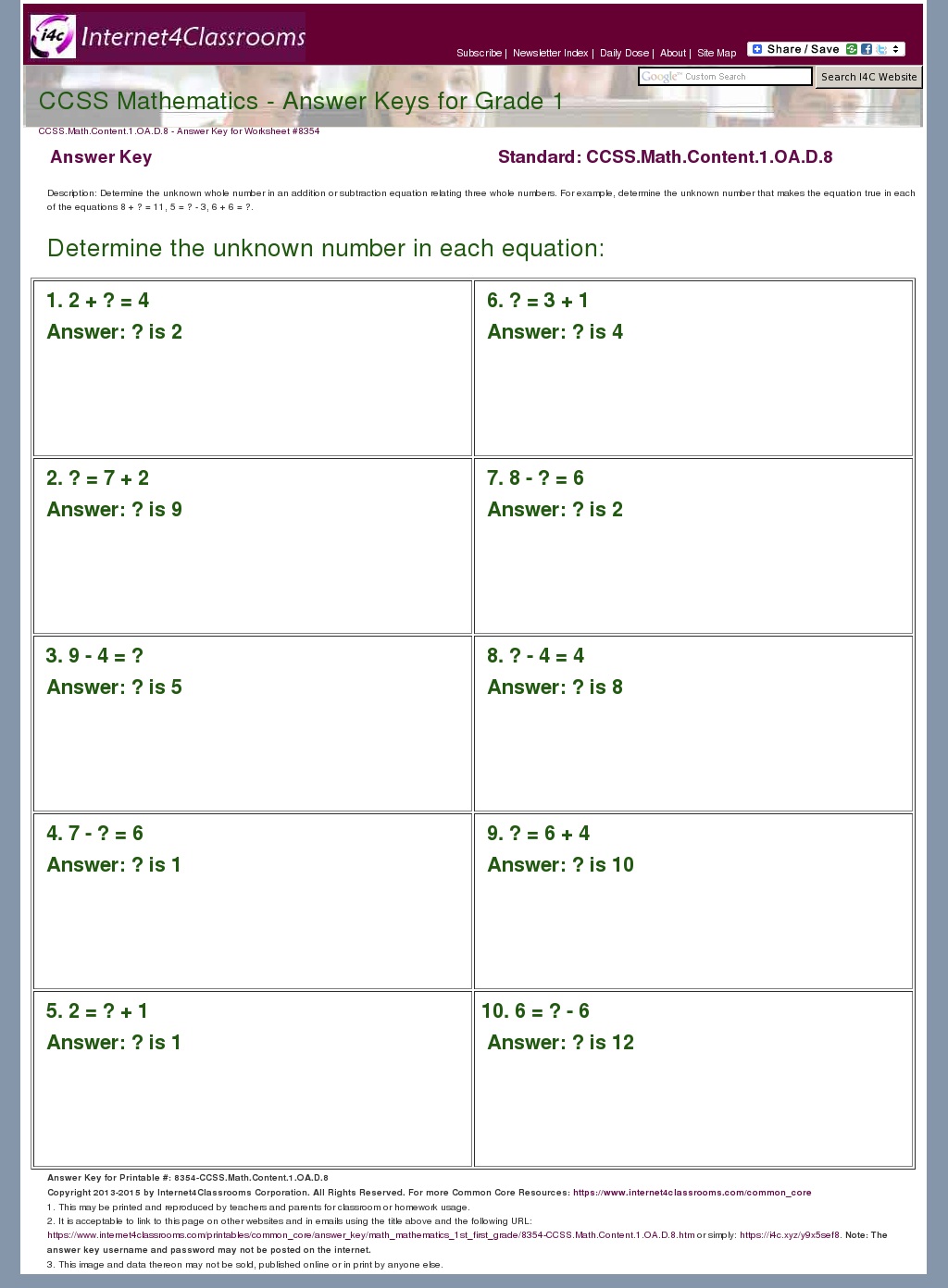 Answer Key Download - Worksheet #8354. CCSS.Math.Content.1.OA.D.8