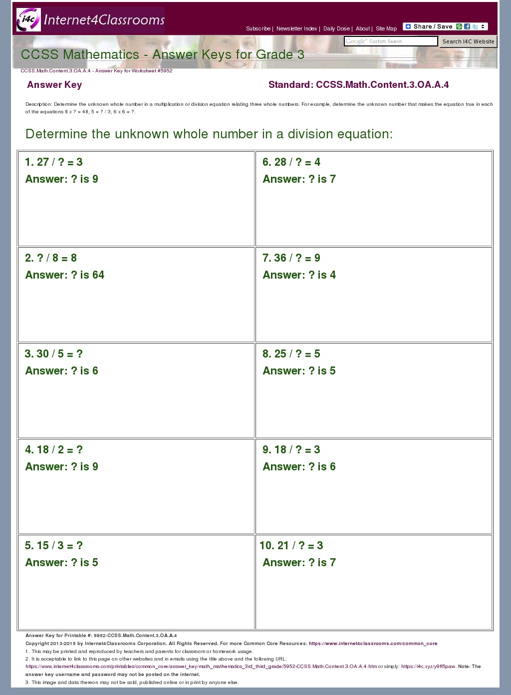 Answer Key Download - Worksheet #5952. CCSS.Math.Content.3.OA.A.4