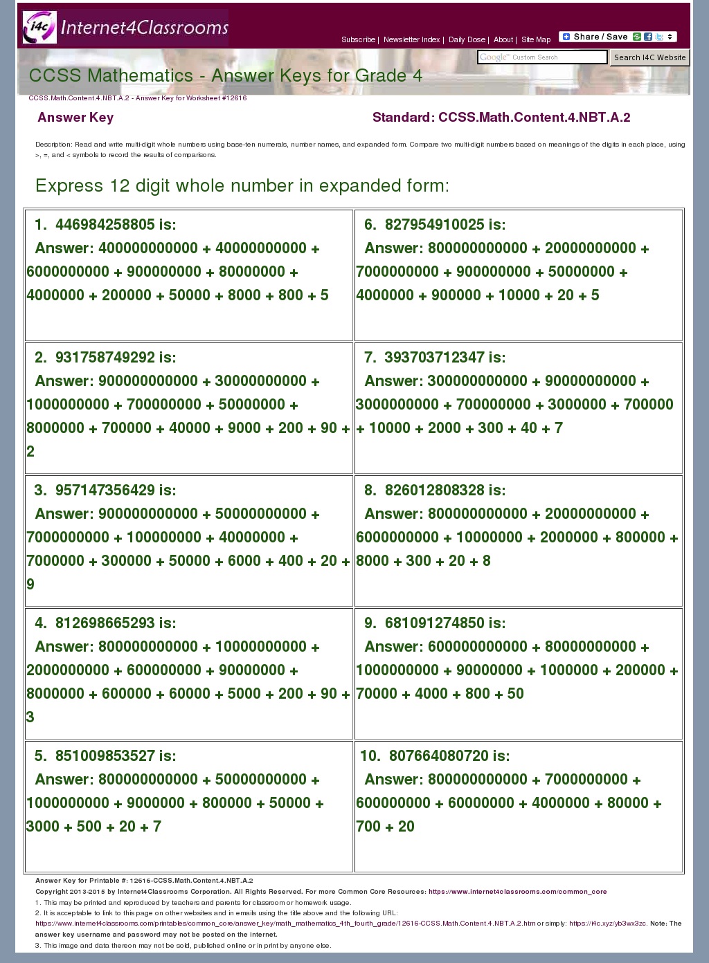 Answer Key Download - Worksheet #12616. CCSS.Math.Content.4.NBT.A.2