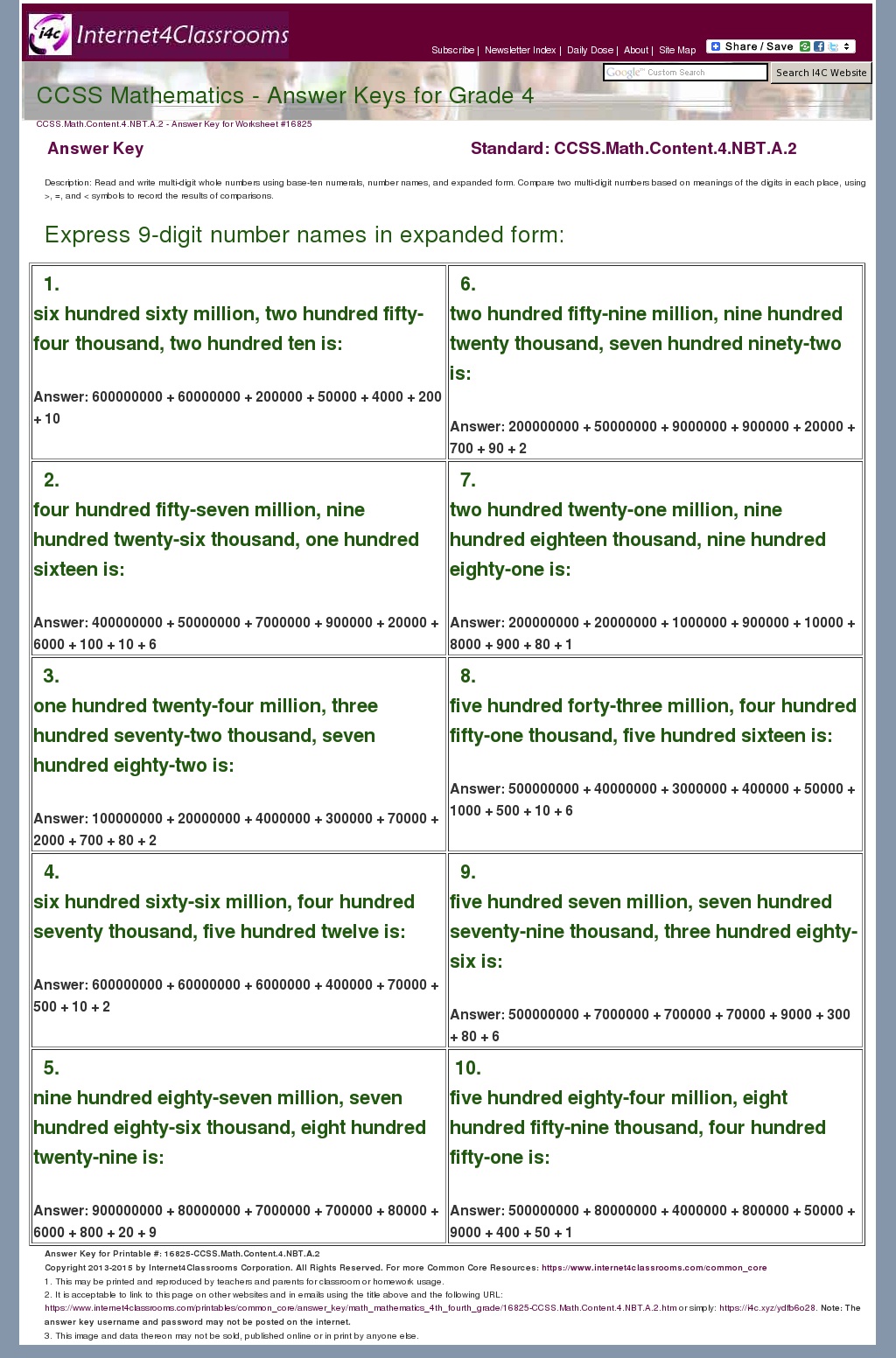 Answer Key Download - Worksheet #16825. CCSS.Math.Content.4.NBT.A.2