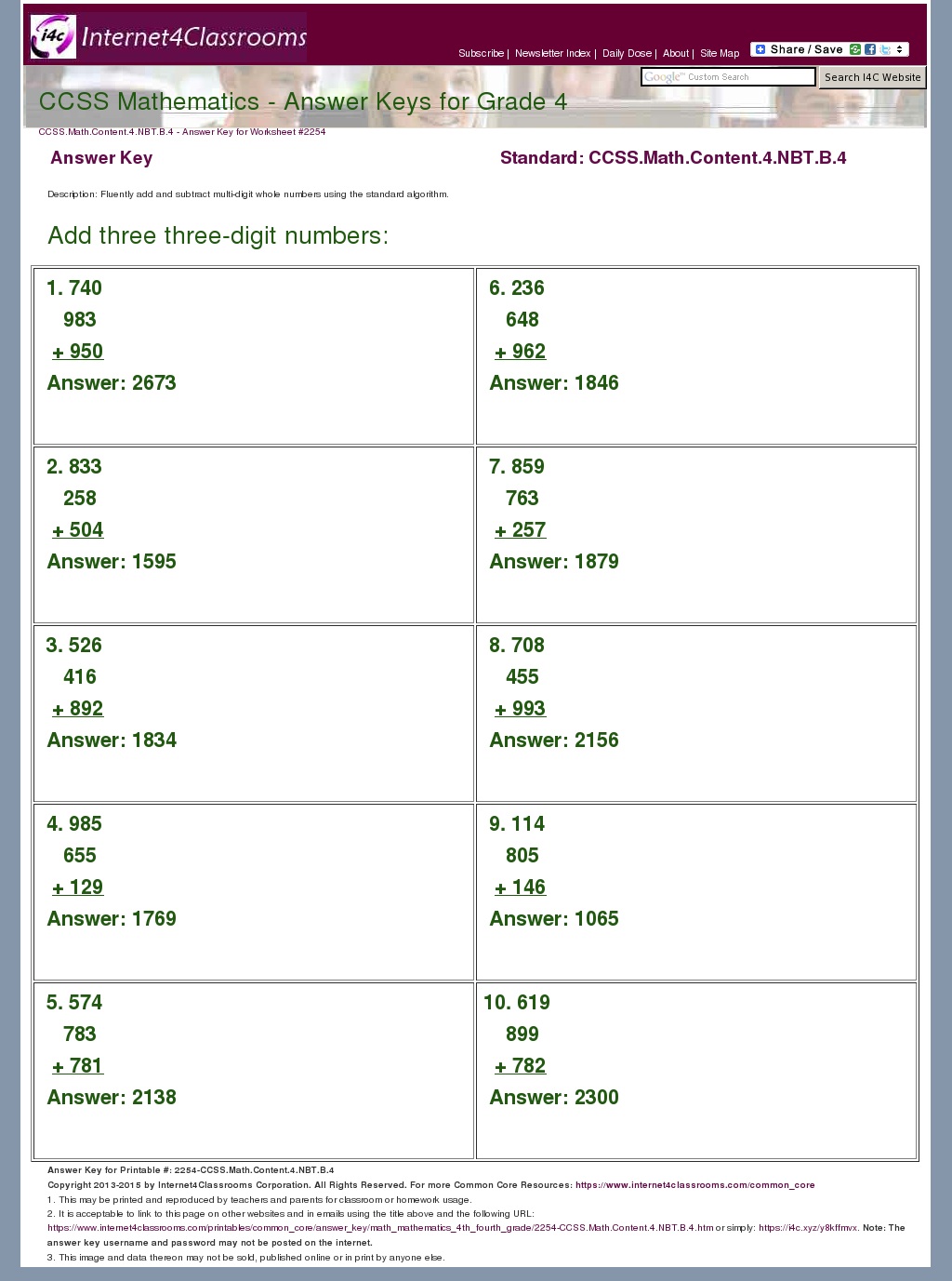Answer Key Download - Worksheet #2254. CCSS.Math.Content.4.NBT.B.4