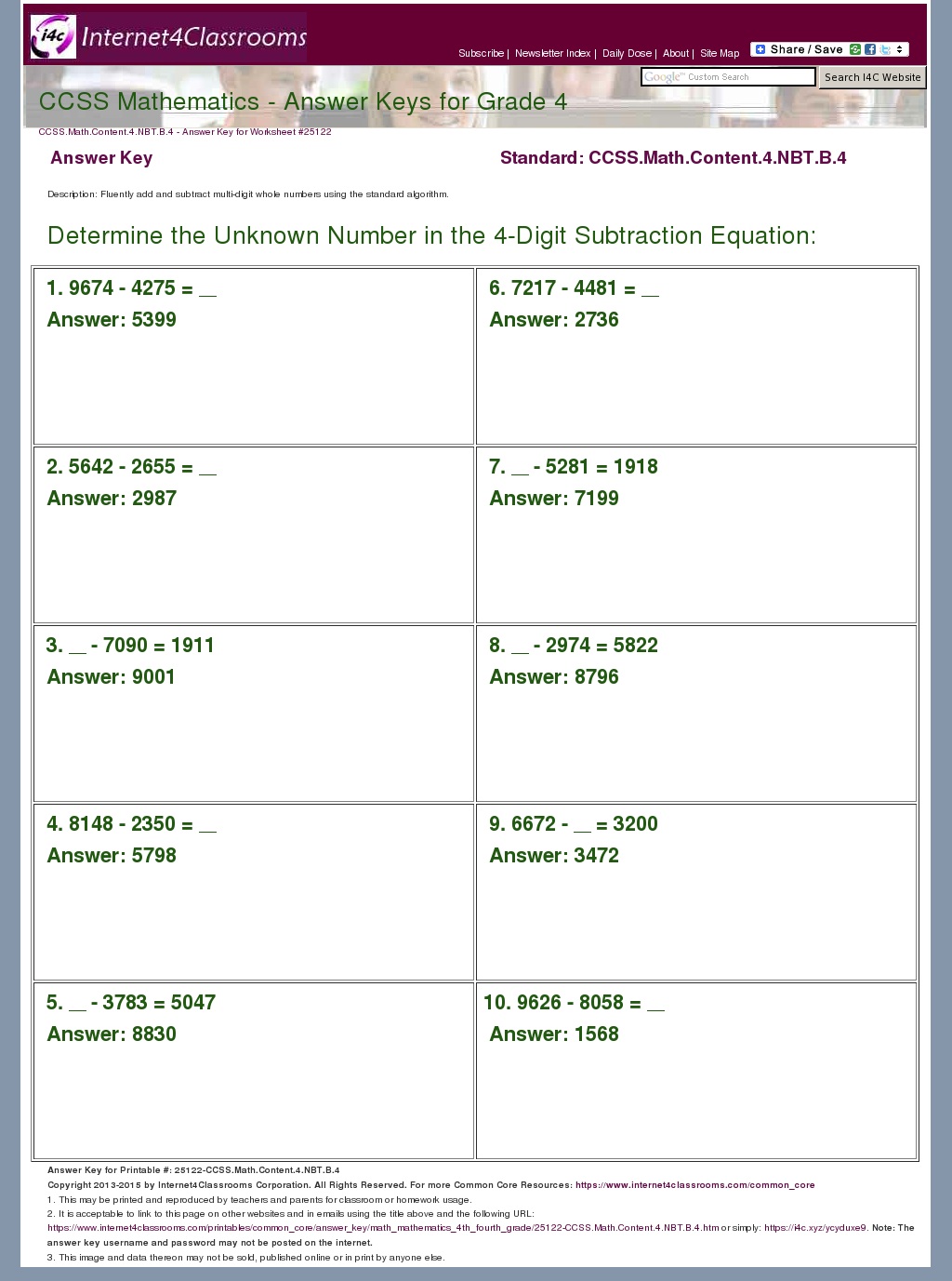 Answer Key Download - Worksheet #25122. CCSS.Math.Content.4.NBT.B.4