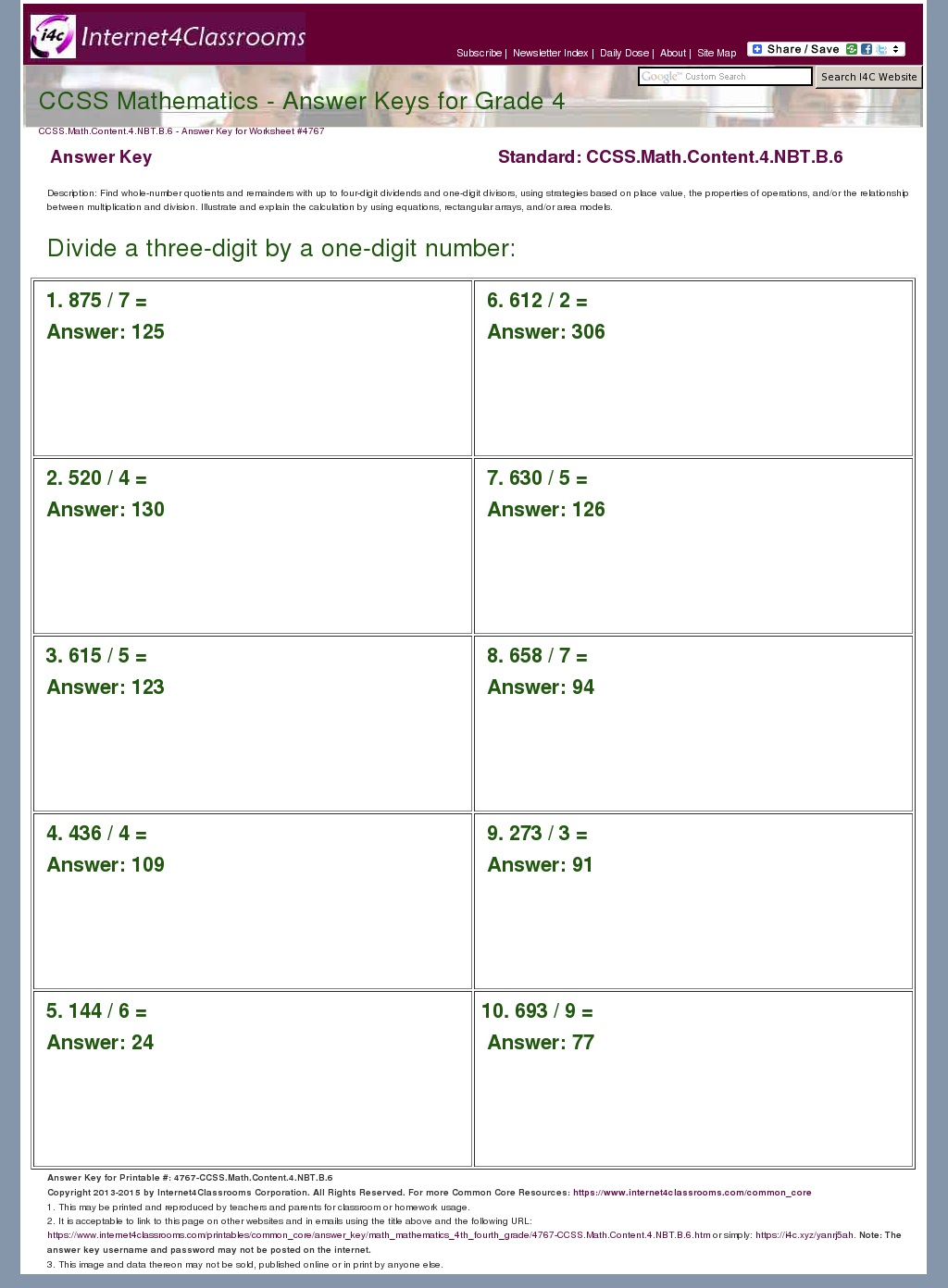 Answer Key Download - Worksheet #4767. CCSS.Math.Content.4.NBT.B.6