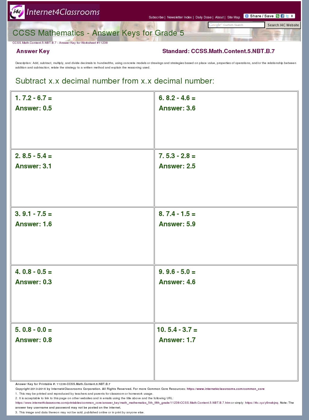 Answer Key Download - Worksheet #11238. CCSS.Math.Content.5.NBT.B.7