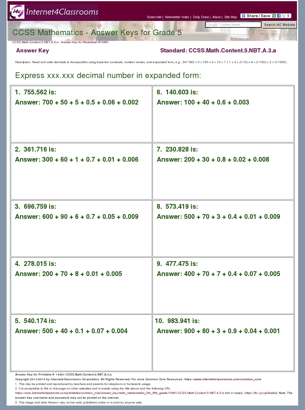 Answer Key Download - Worksheet #15461. CCSS.Math.Content.5.NBT.A.3.a
