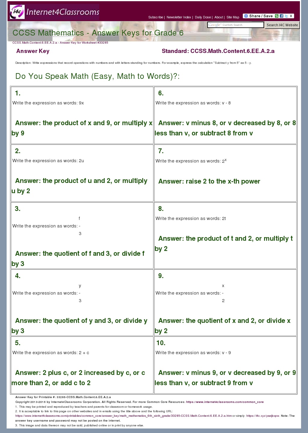 Answer Key Download - Worksheet #33285. CCSS.Math.Content.6.EE.A.2.a