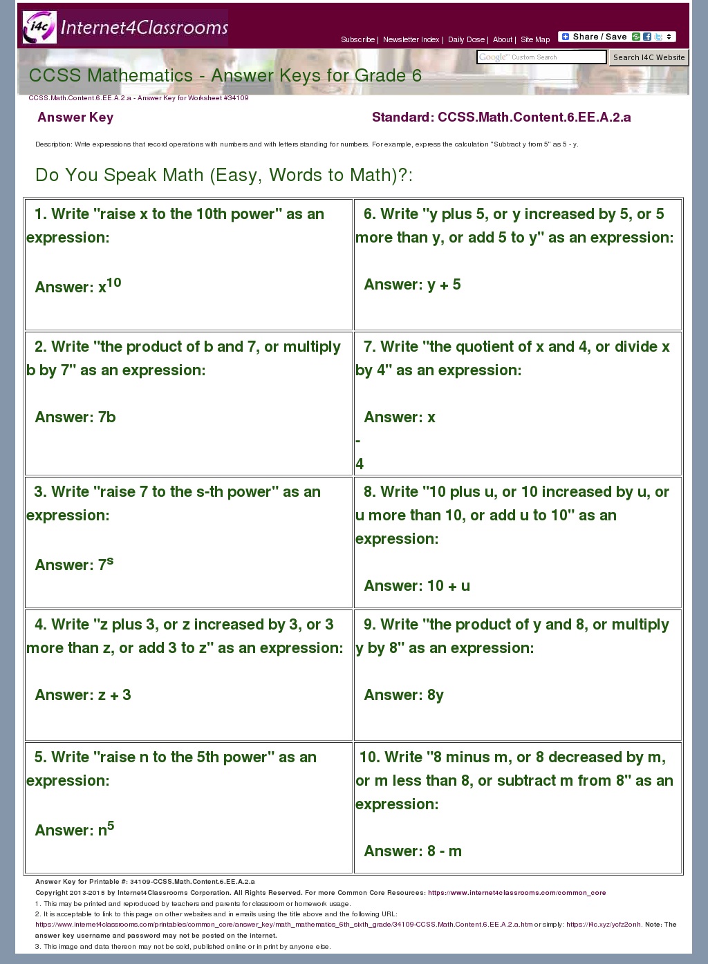 Answer Key Download - Worksheet #34109. CCSS.Math.Content.6.EE.A.2.a