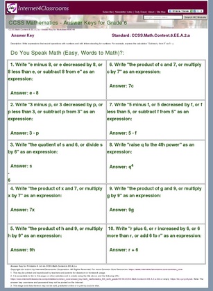 Answer Key Download - Worksheet #34144. CCSS.Math.Content.6.EE.A.2.a