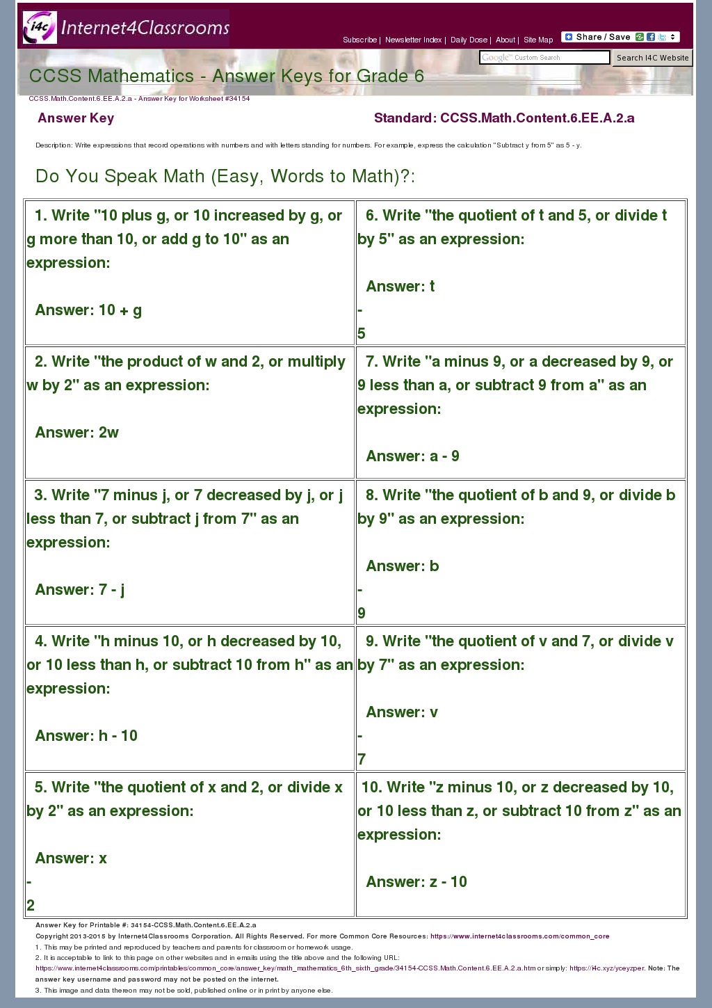 Answer Key Download - Worksheet #34154. CCSS.Math.Content.6.EE.A.2.a
