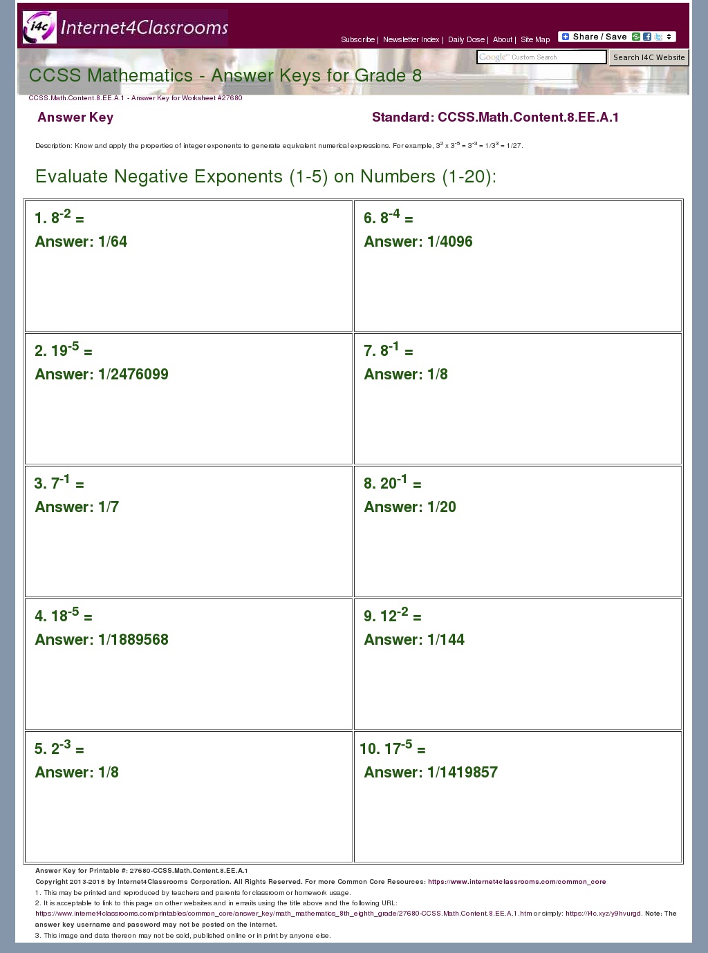 Answer Key Download - Worksheet #27680. CCSS.Math.Content.8.EE.A.1