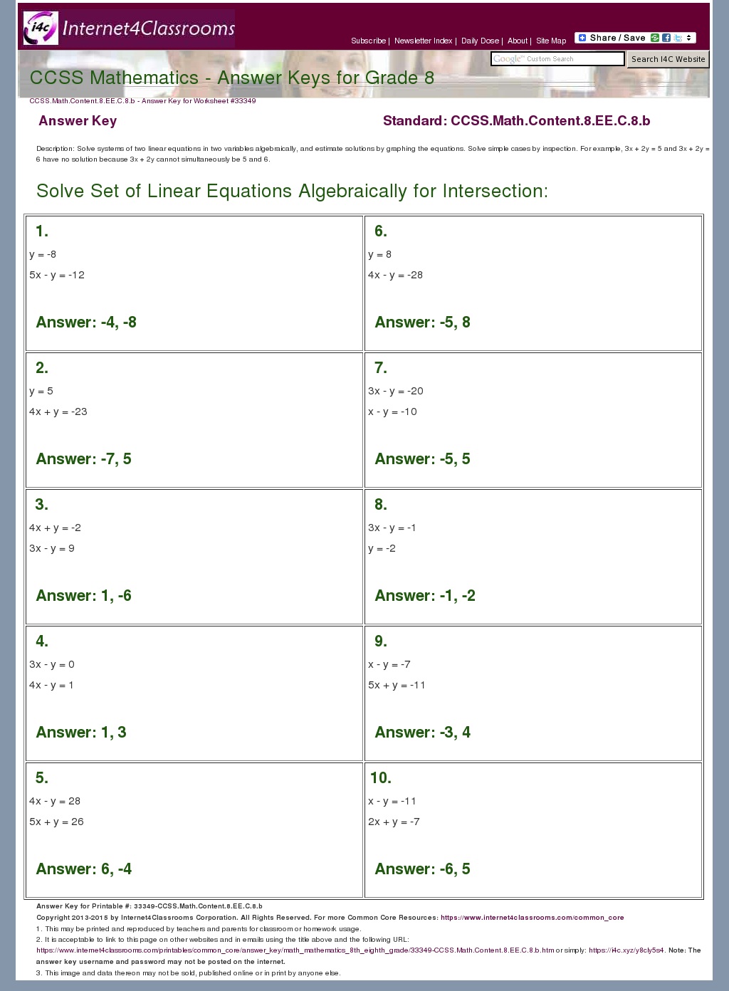 Answer Key Download - Worksheet #33349. CCSS.Math.Content.8.EE.C.8.b