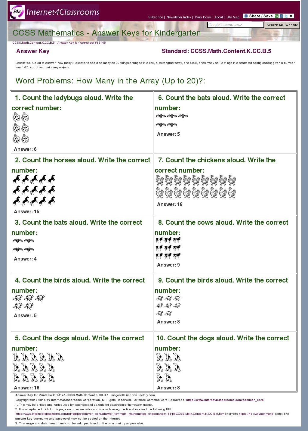 Answer Key Download - Worksheet #15145. CCSS.Math.Content.K.CC.B.5