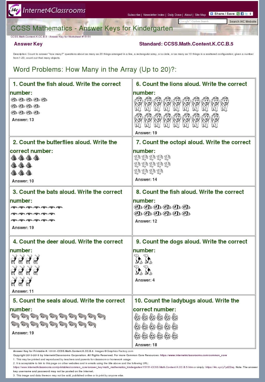 Answer Key Download - Worksheet #15151. CCSS.Math.Content.K.CC.B.5