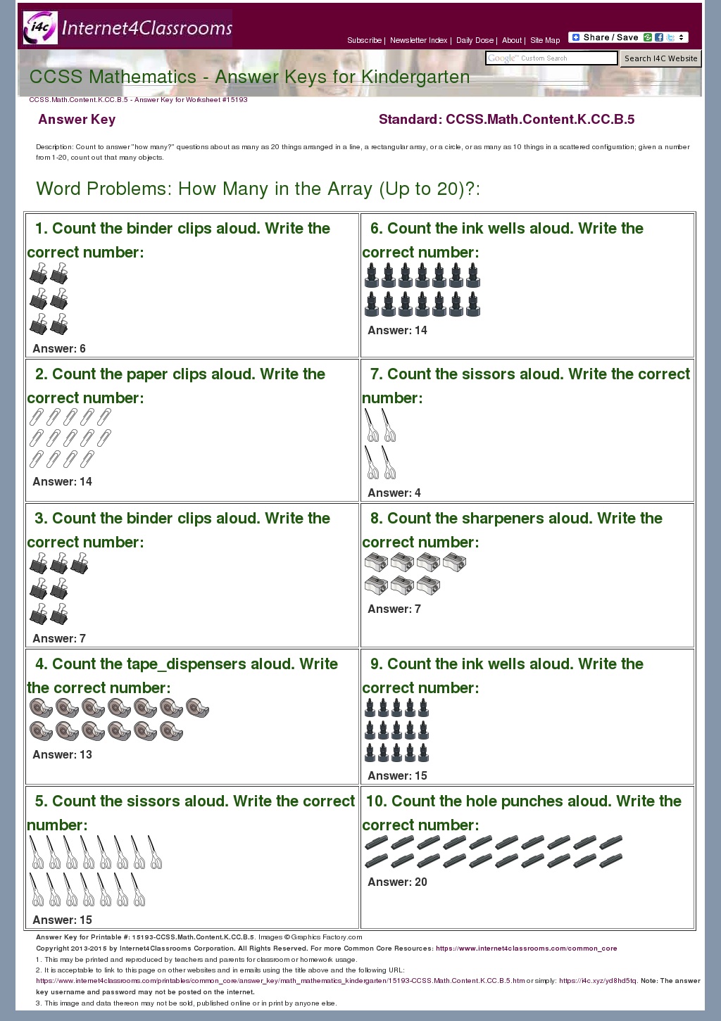 Answer Key Download - Worksheet #15193. CCSS.Math.Content.K.CC.B.5