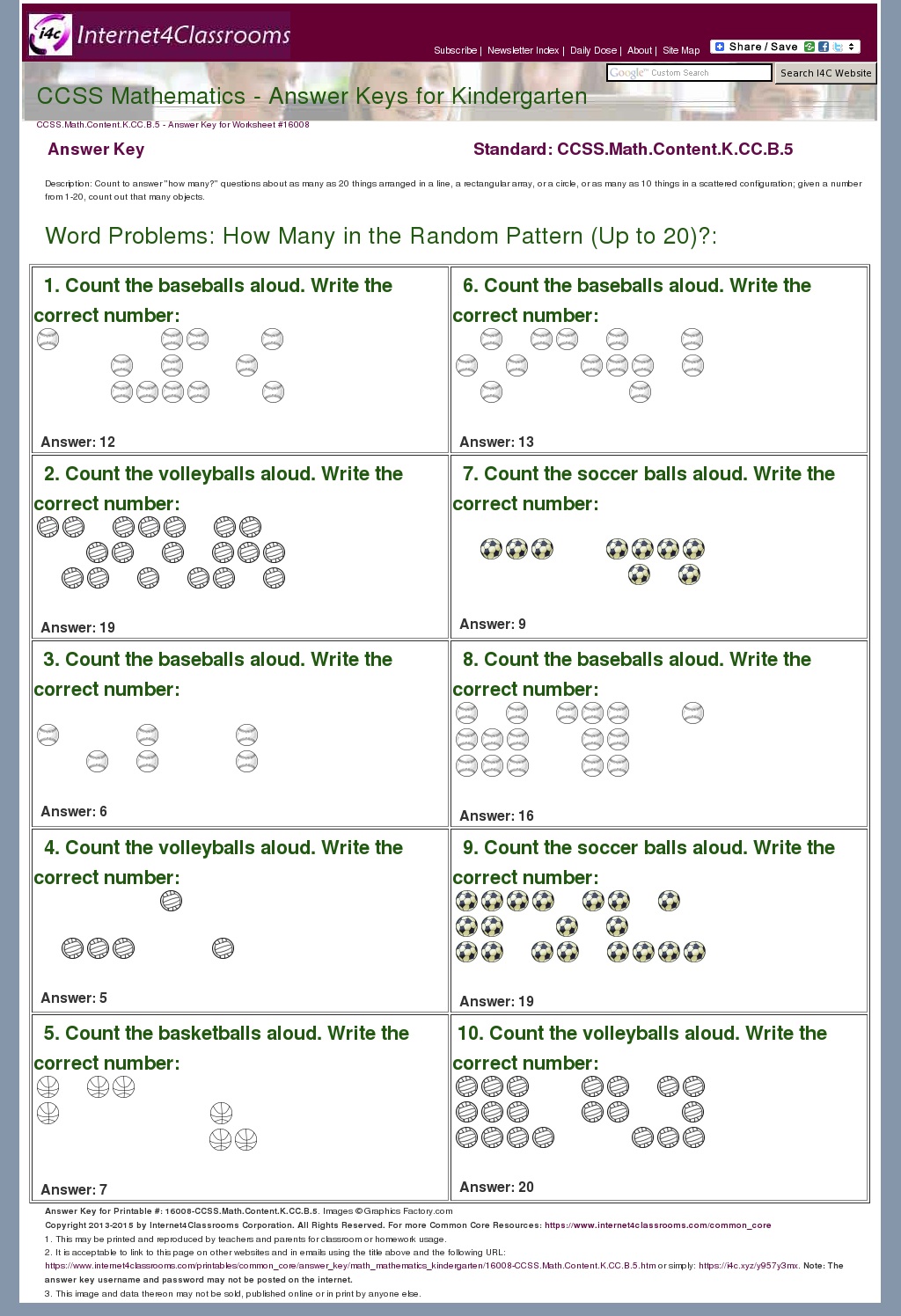 Answer Key Download - Worksheet #16008. CCSS.Math.Content.K.CC.B.5