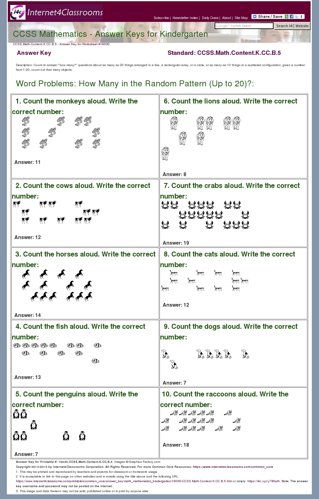 Answer Key Download - Worksheet #16030. CCSS.Math.Content.K.CC.B.5
