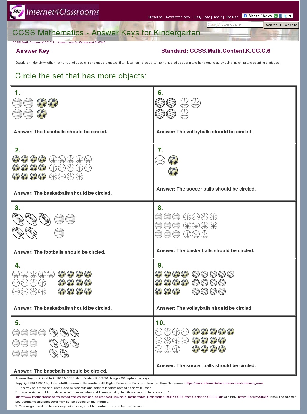 Answer Key Download - Worksheet #19345. CCSS.Math.Content.K.CC.C.6