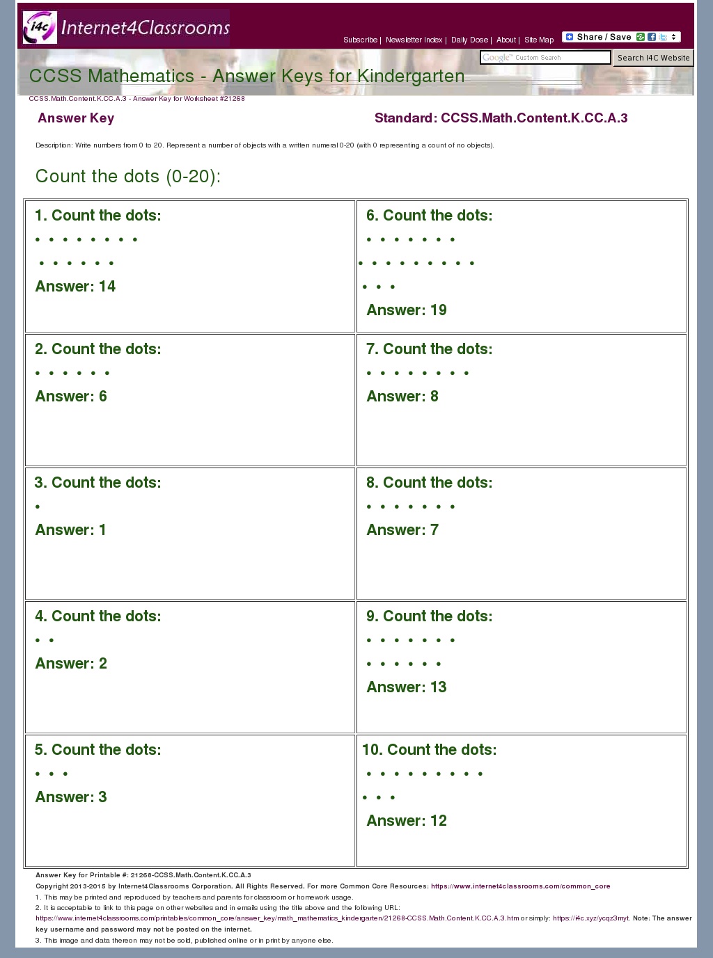Answer Key Download - Worksheet #21268. CCSS.Math.Content.K.CC.A.3