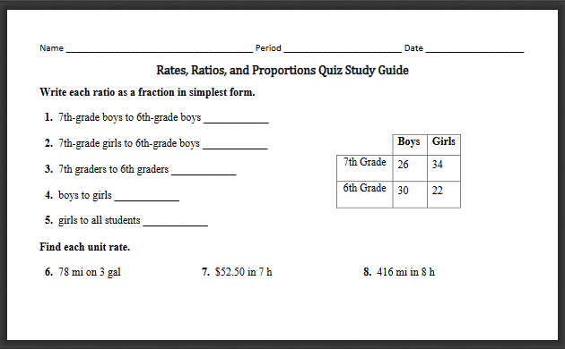 Seventh Grade Interactive Math Skills - Ratio and Proportion Quizzes